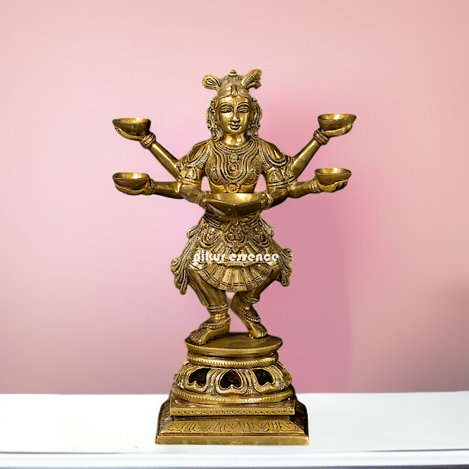 Goddess Deepa Lakshmi standing with Five Diya lamp four Armed Brass idol - 14 Inches – Nikur Essence