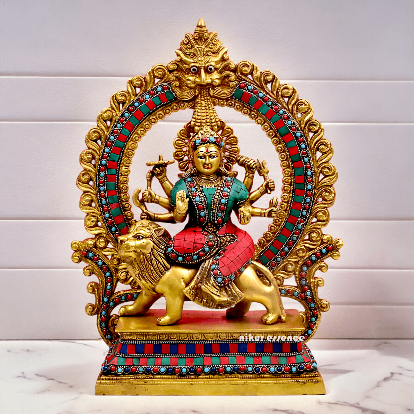 Large Brass Durga maa sitting on lion with stone work by Nikur Essence ...