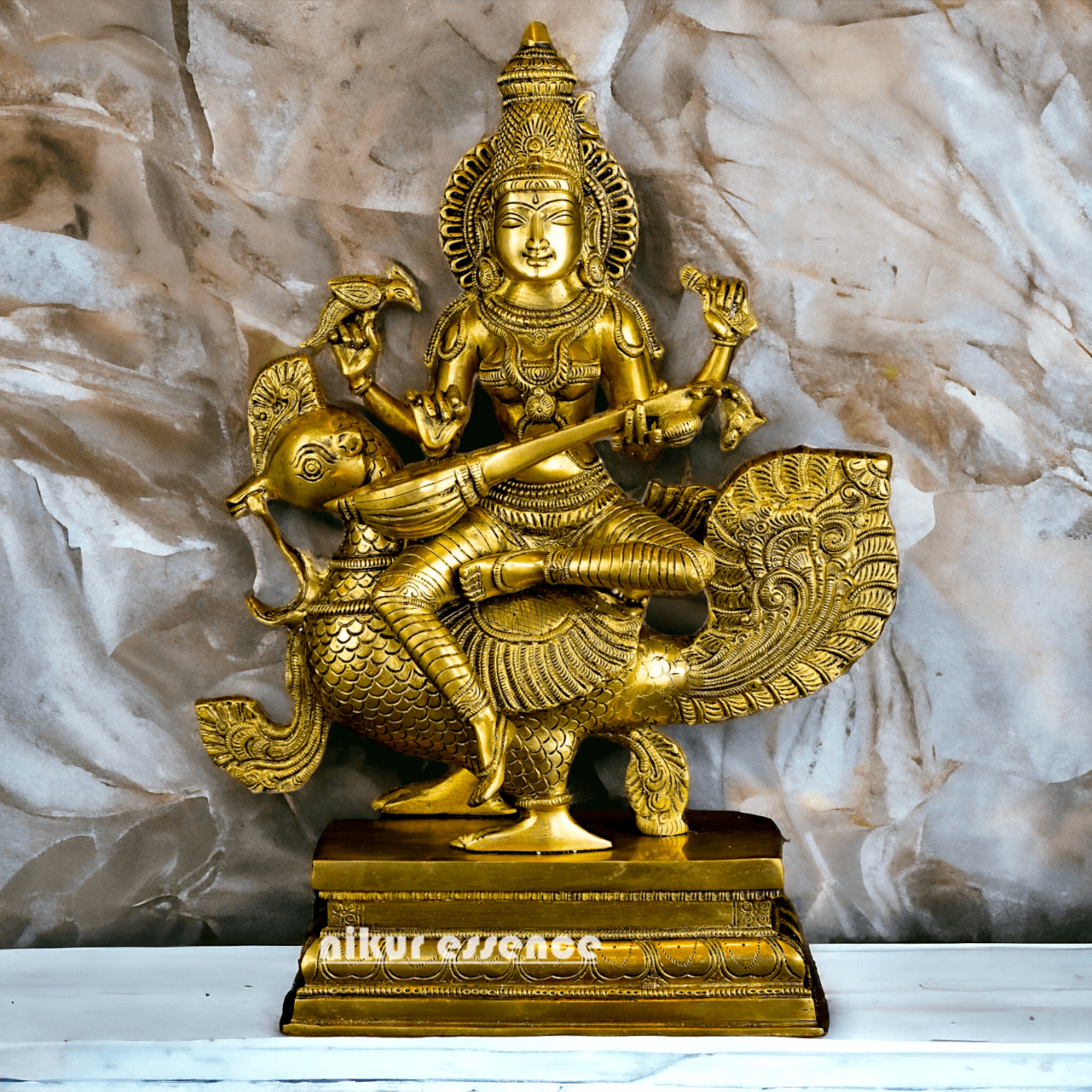 Buy Brass Statue of Devi Sarasvati Seated Gracefully on Her Sacred ...