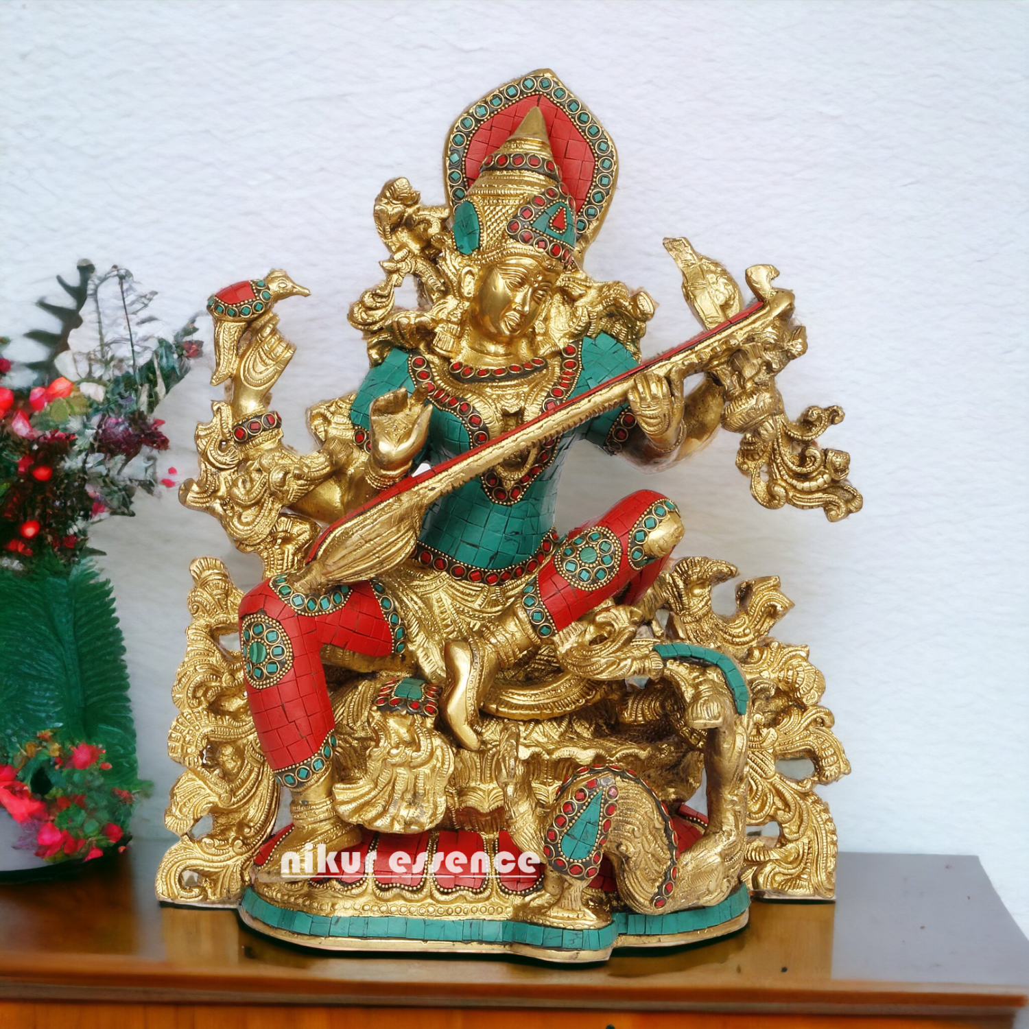 Buy Brass Saraswati Playing Veena with Stone work Idol - 40.64 cm ...