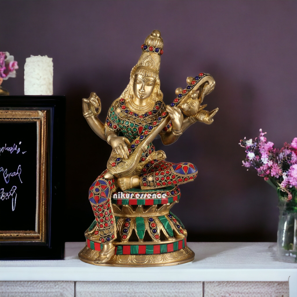 Buy Online Brass Saraswati Playing Veena with Stone work Idol - 13 ...