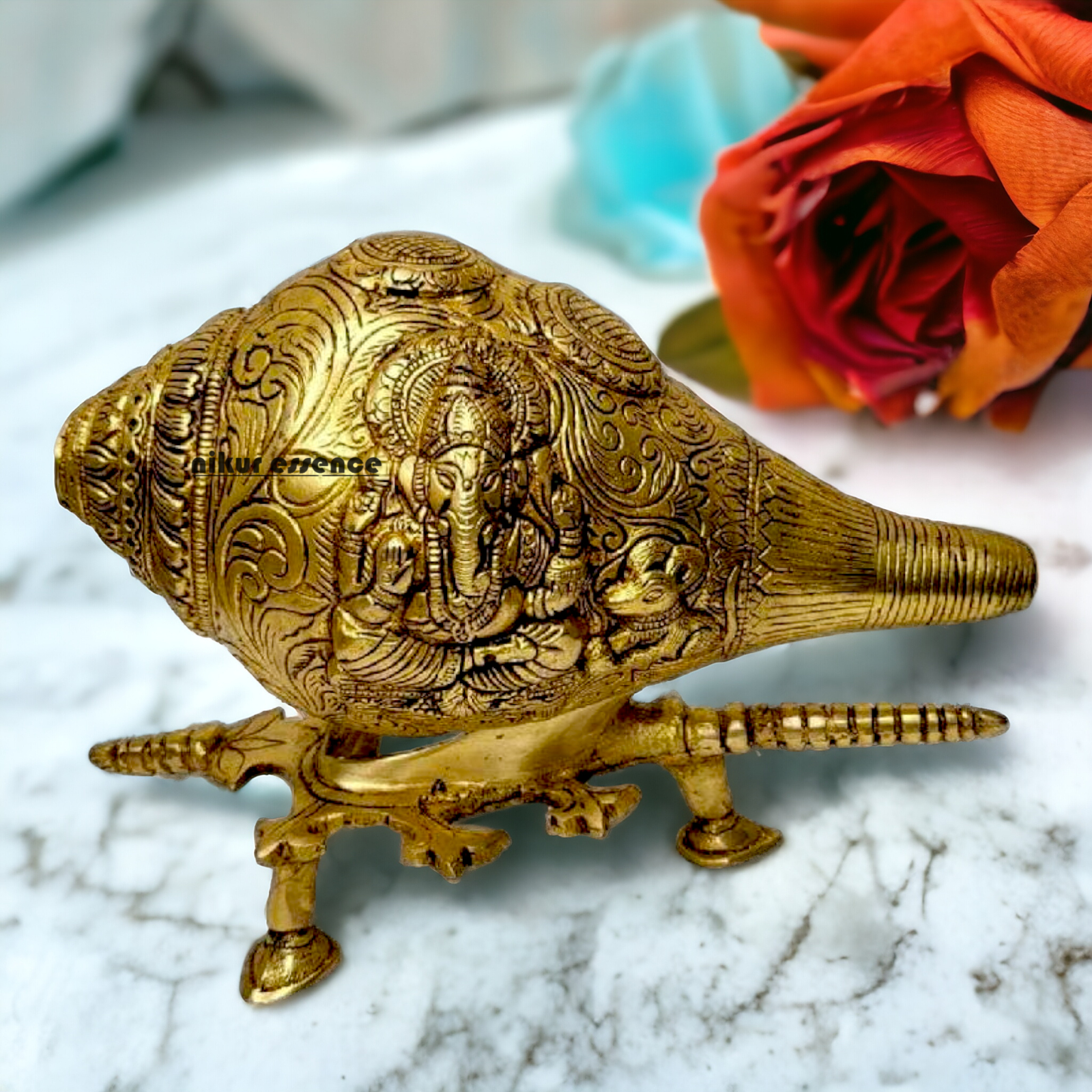 Solid Brass Shankh Ganesh Lakshmi with stand - 9 Inch – Nikur Essence