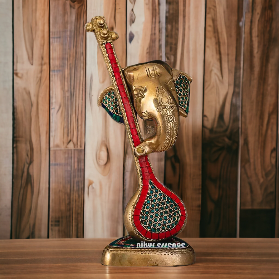 Shop Ganesh Face with Veena Brass Idol Stone Work - 11.5 inches – Nikur ...
