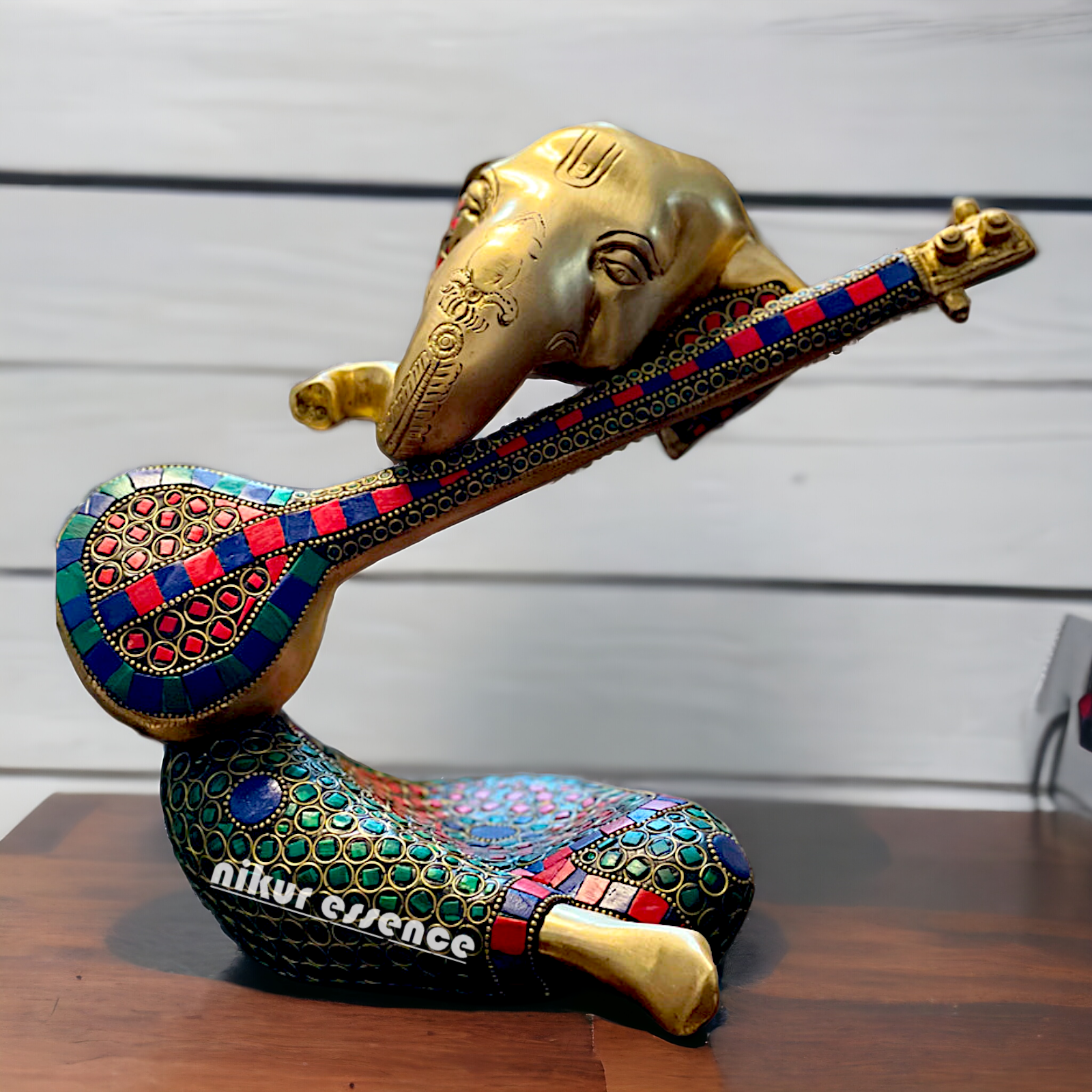 Brass Ganesha Playing Veena with Stone work idol - 10.5 inches – Nikur ...