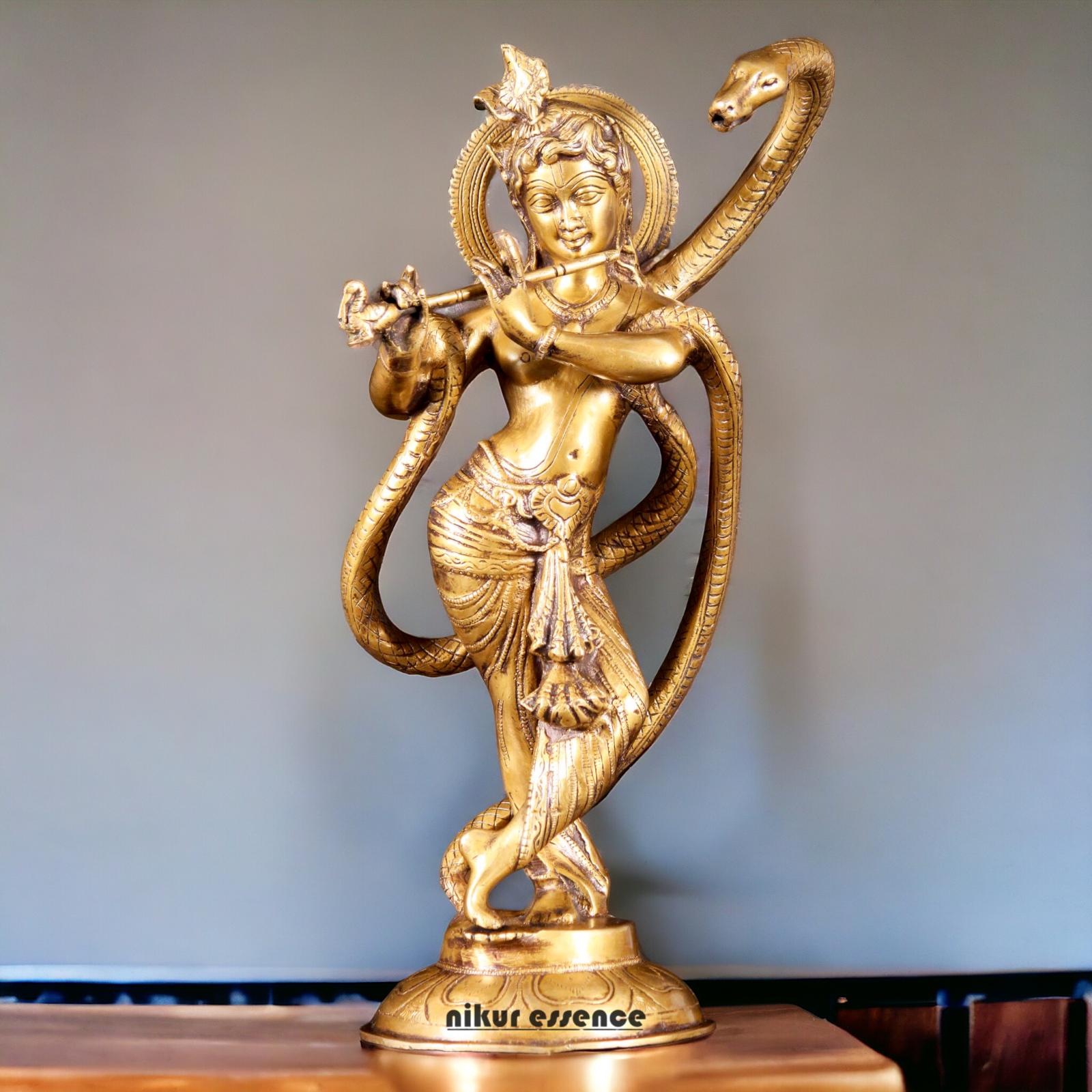 Lord Krishna God with Kaliya Naag Solid Brass idol - 15 inches – Nikur ...