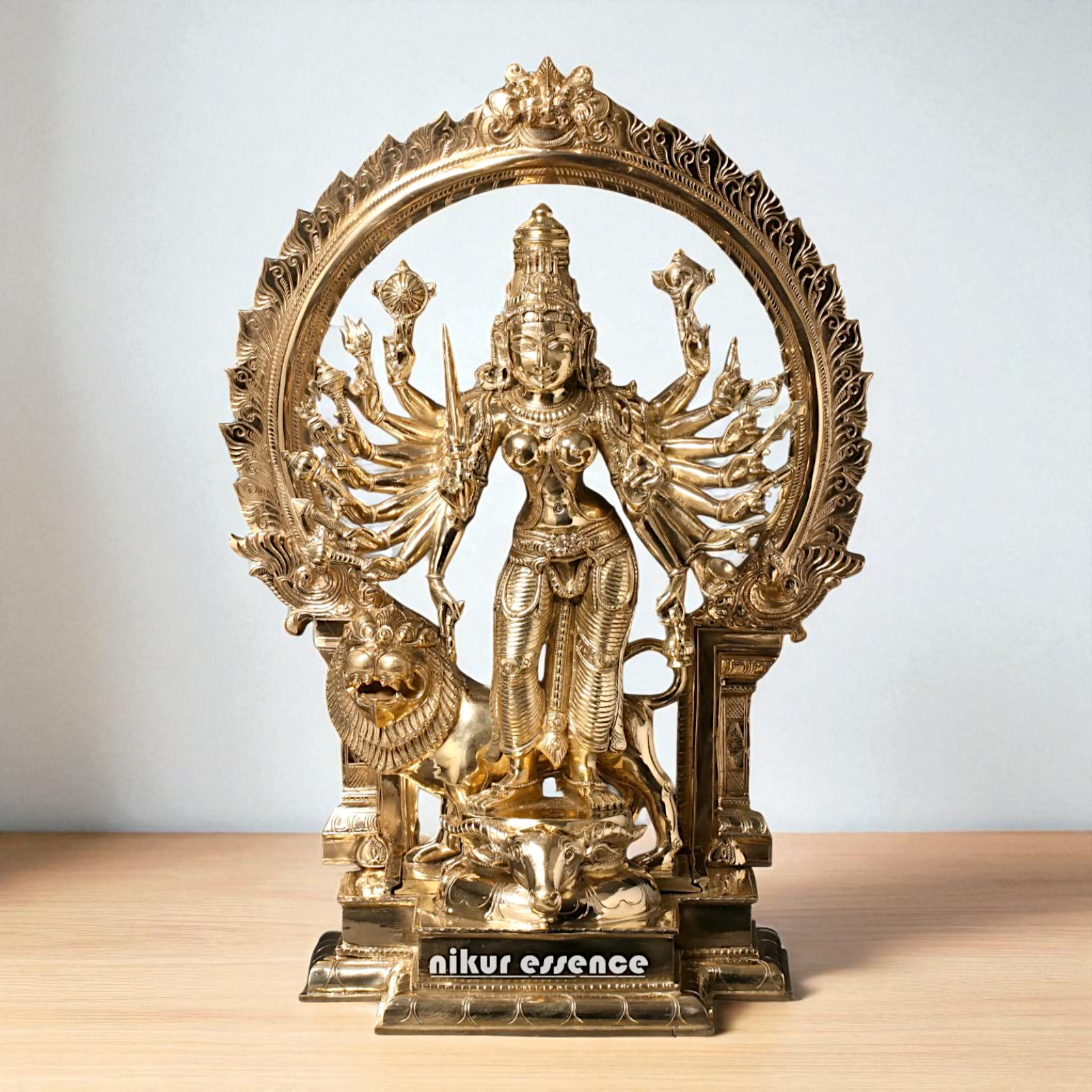 Goddess Durga Maa with Lion Standing Eighteen Armed Bronze Panchaloha ...