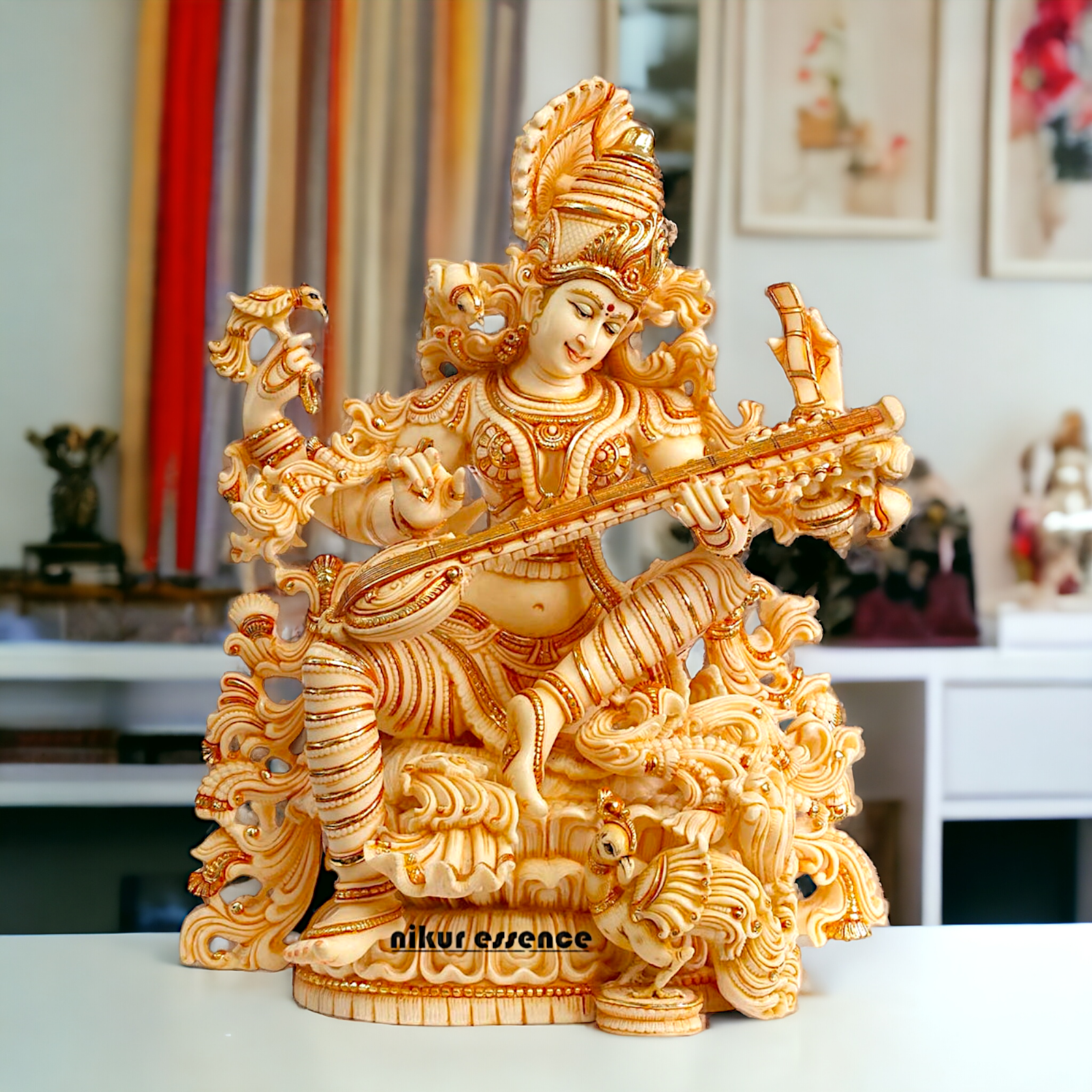Cultured Marble Saraswati Mata Statue- Goddess of Knowledge – Nikur Essence