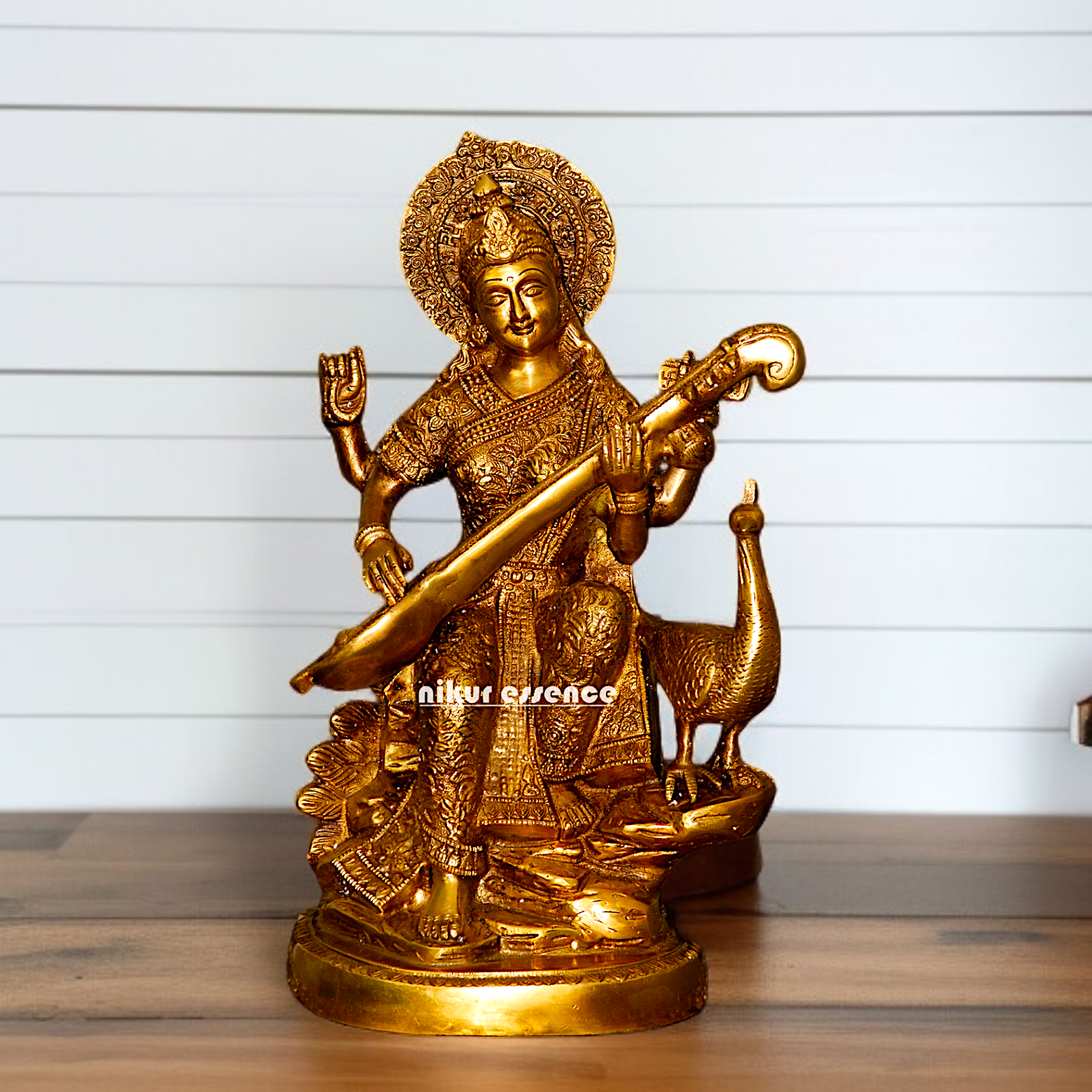 Pure Brass Saraswati Devi Playing Veena statue - 15 Inches – Nikur Essence