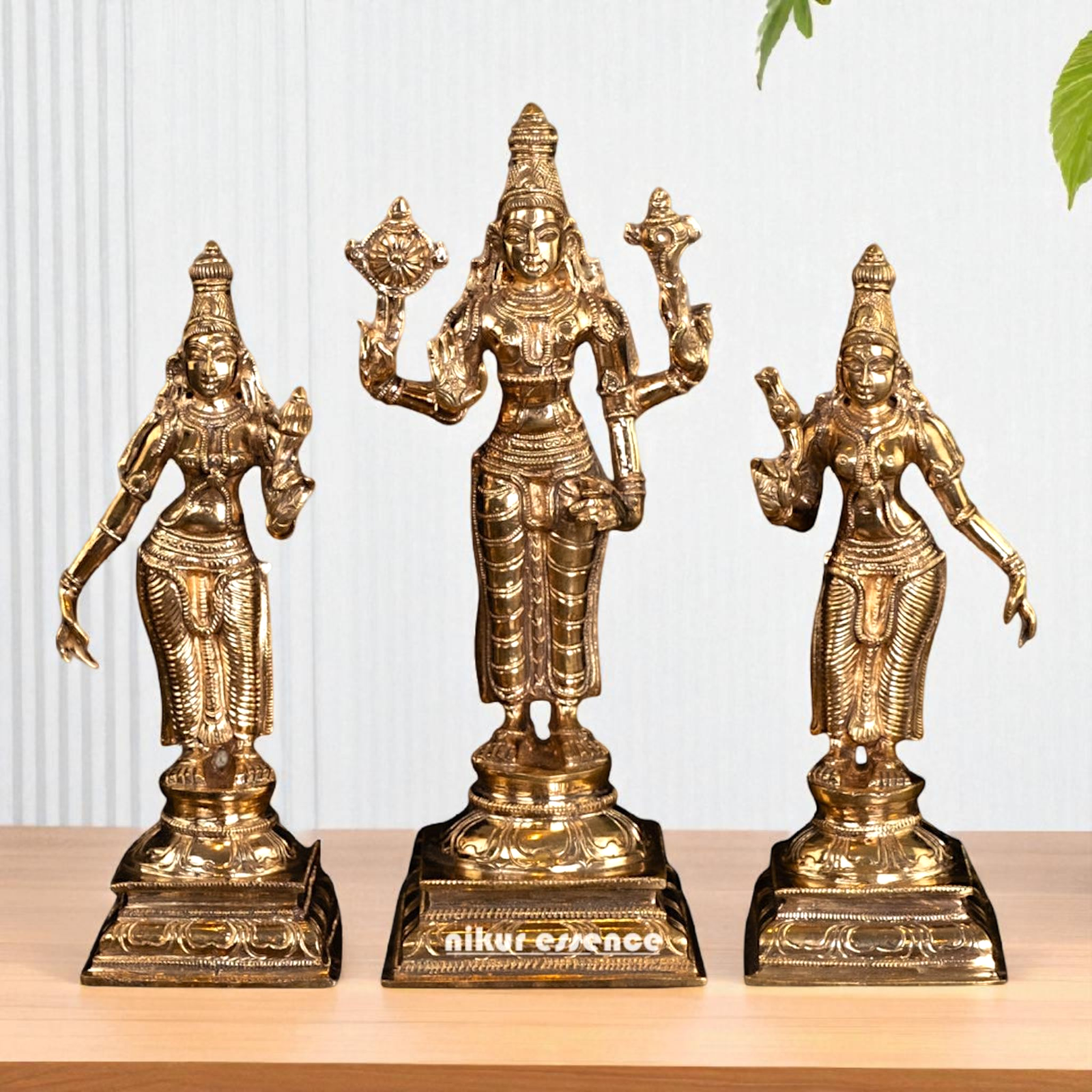 Panchaloha Vishnu with Sridevi and Bhudevi statue - 9.75 inches – Nikur ...
