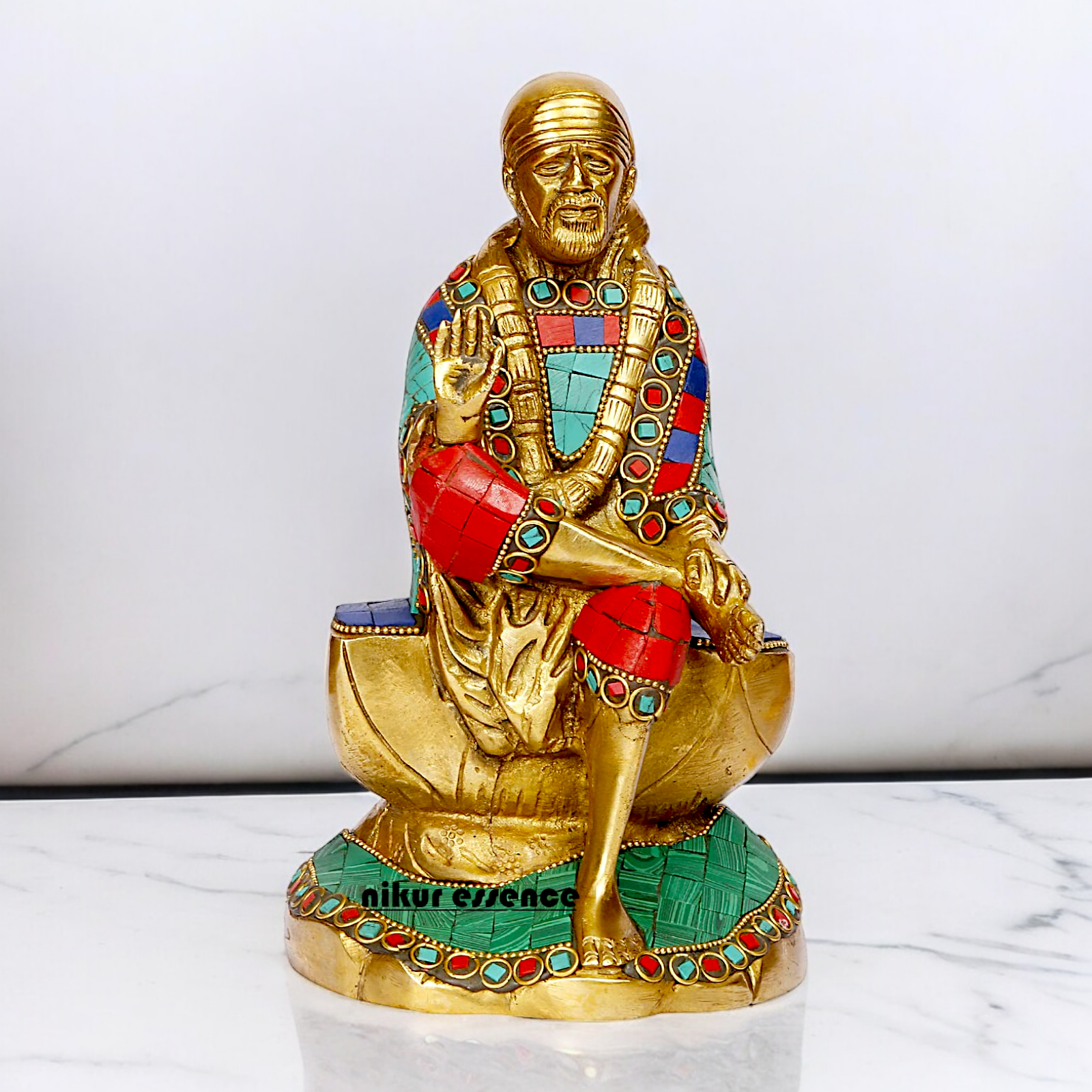 Shop Sai Baba with Blessing Brass Idol Stone work - 8 inch – Nikur Essence