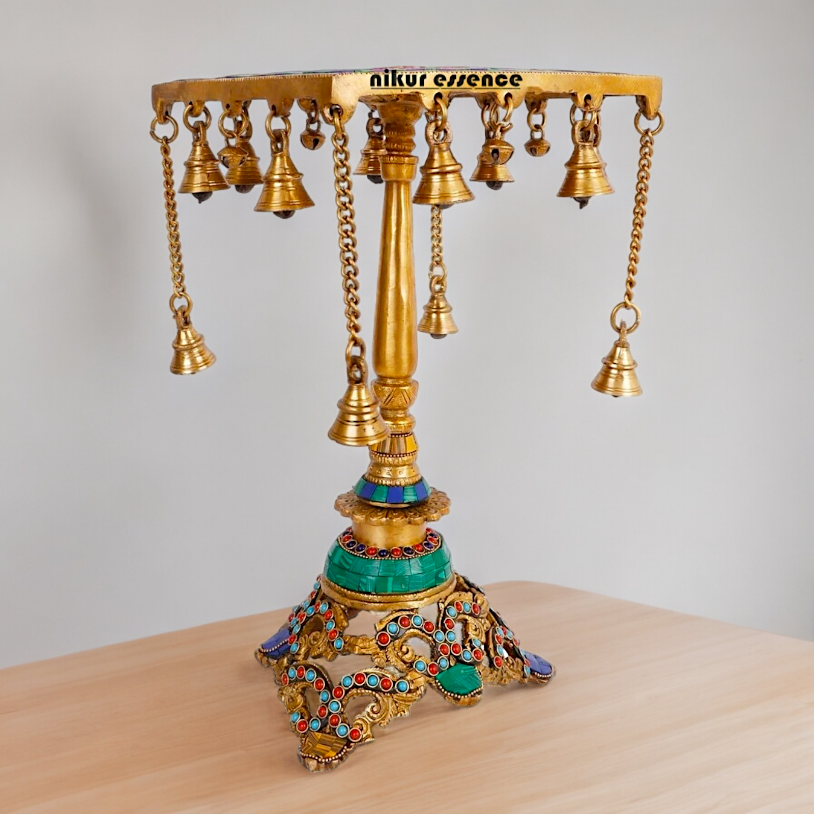 Large Table Stool Chowki Brass with Bells Stone Work - 14 Inches ...